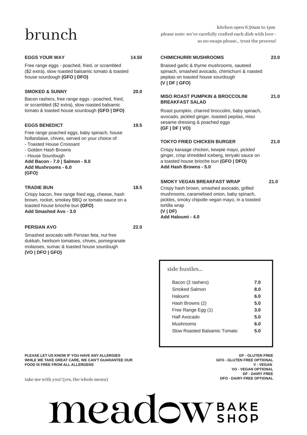 Brunch Menu – Meadow Bake Shop
